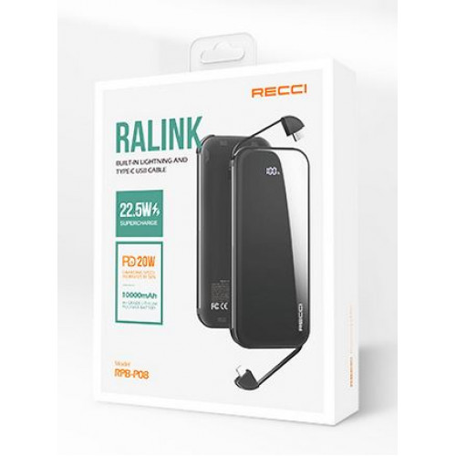 RECCI RPB-P08 PD 20W + 22.5W POWER BANK 10000MAH (BUILT-IN TYPE-C + LIGHTNING C) - RPB-P08